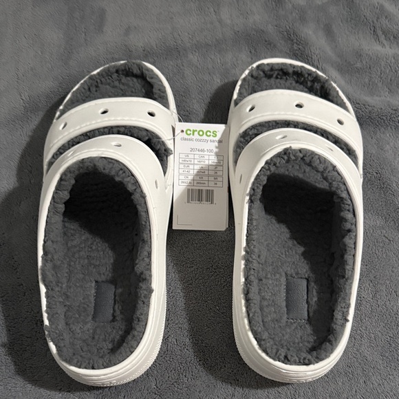 CROCS | Shoes | Crocs White And Gray Fuzzy Sandals | Poshmark